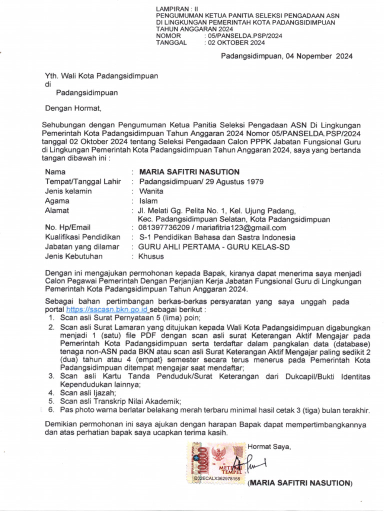 Surat Lamaran Maria Safitri Nasution | PDF