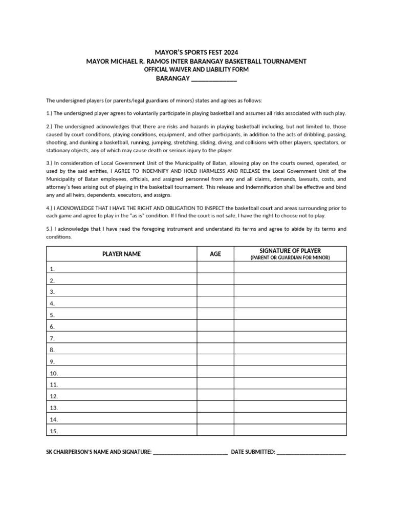 Basketball Tournament 21-And-Under Waiver Form | PDF | Law