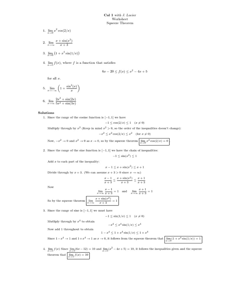 Calculus Worksheet - Squeeze Theorem | PDF | Mathematical Objects ...