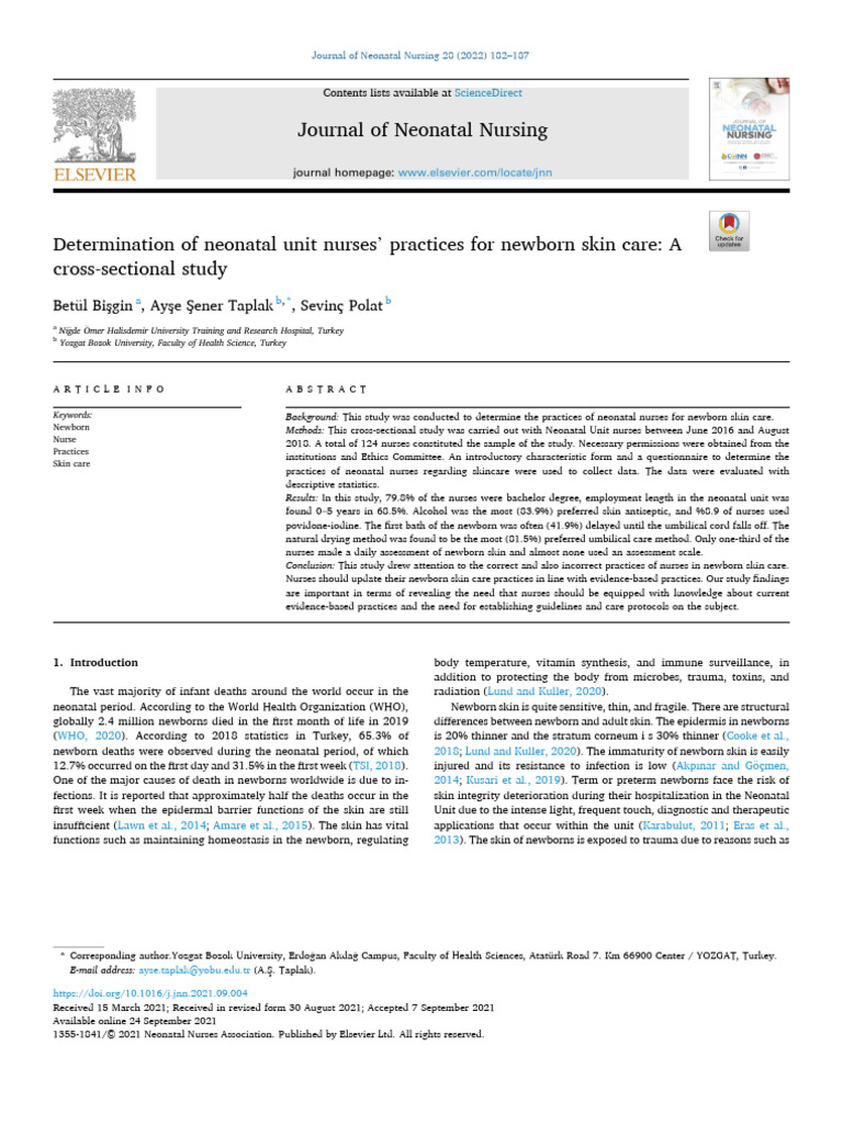 Determination of Neonatal Unit Nurses' Practices For Newborn Skin Care ...
