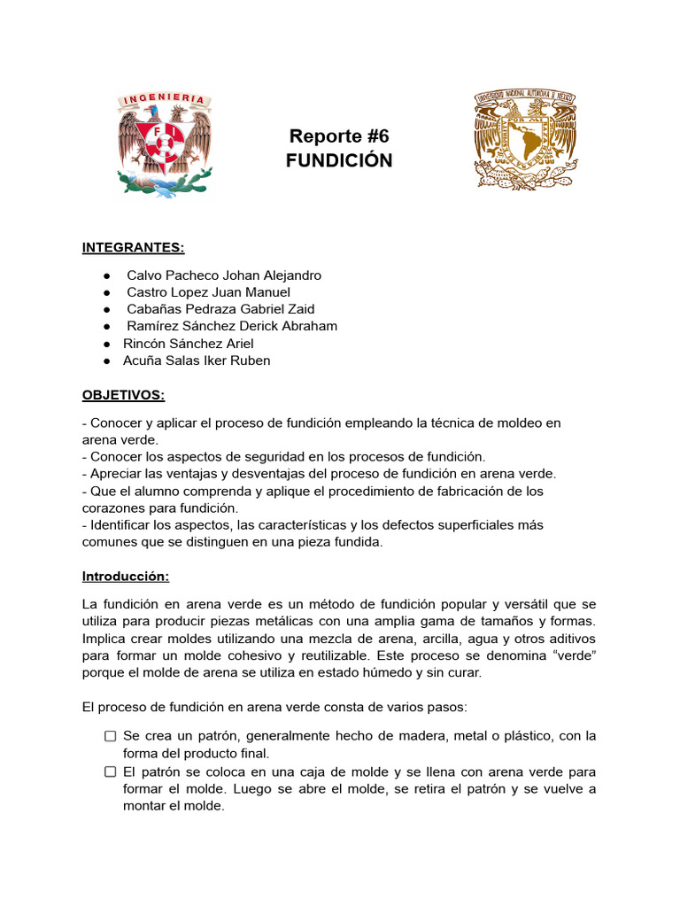 Reporte #6 Fundición | PDF | Aluminio | Materiales