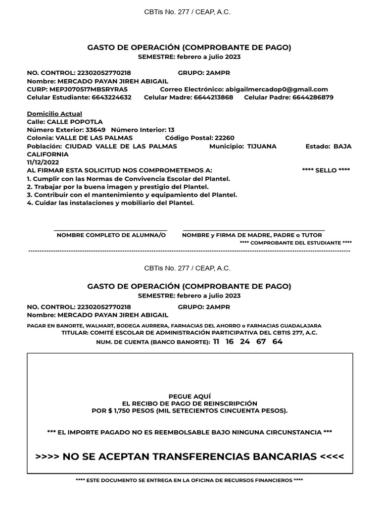 Comprobante de Pago CBTis 277 Semestre 2023 | PDF | Dinero | Bancario