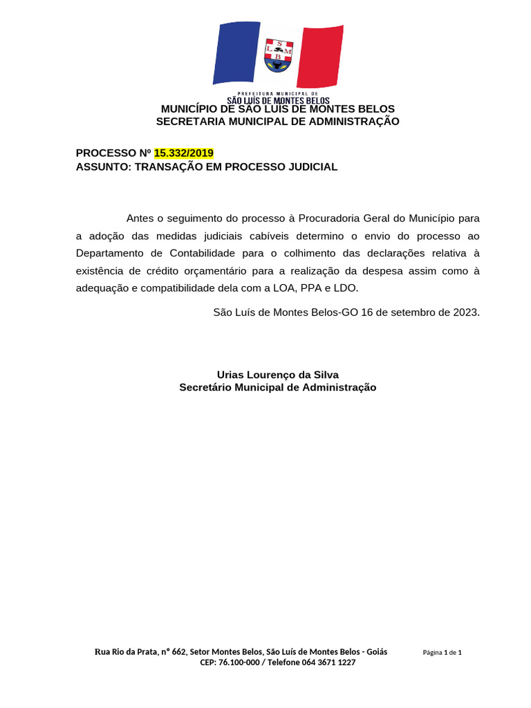 Transação Judicial em São Luís de Montes Belos | PDF
