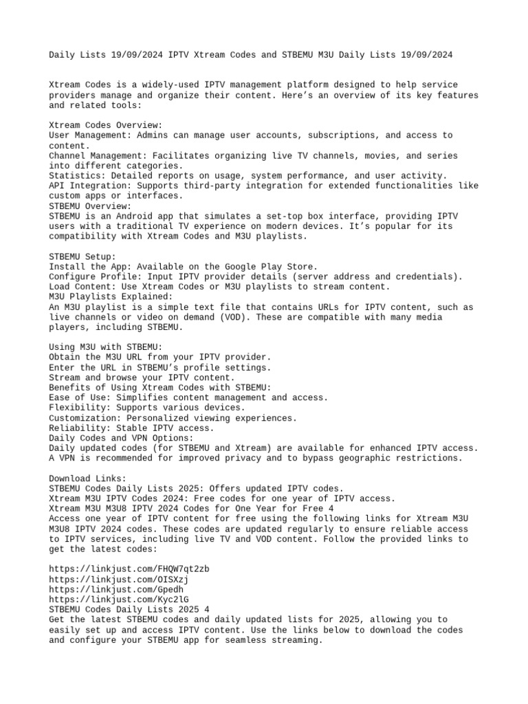 Daily IPTV Codes for STBEMU & Xtream | PDF | Streaming Media | Mobile App