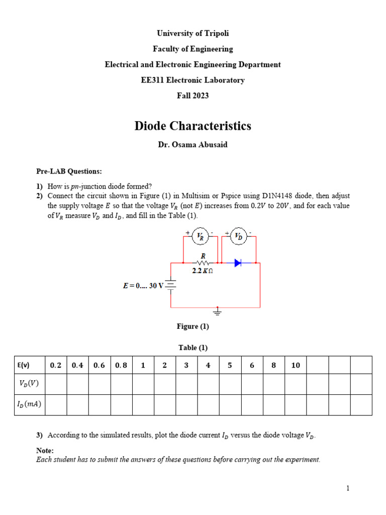 EE311 Diod Charact Lab | PDF | Diode | Materials Science
