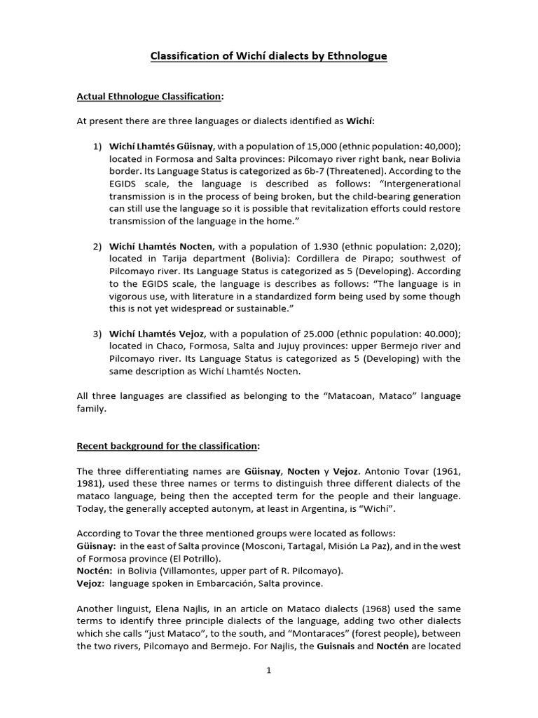 Classification of Wichí Dialects (Ethnologue) - C. Wallis | PDF | Dialect | Linguistics