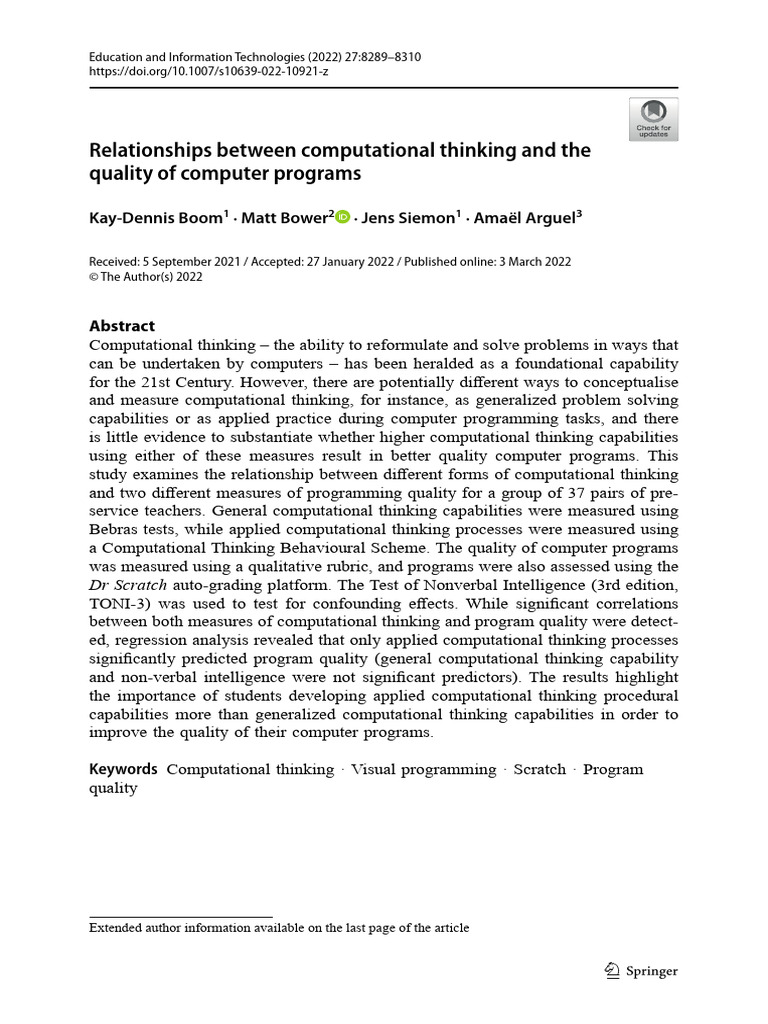 Relationships Between Computational Thinking and The Quality of Computer Programs | PDF ...