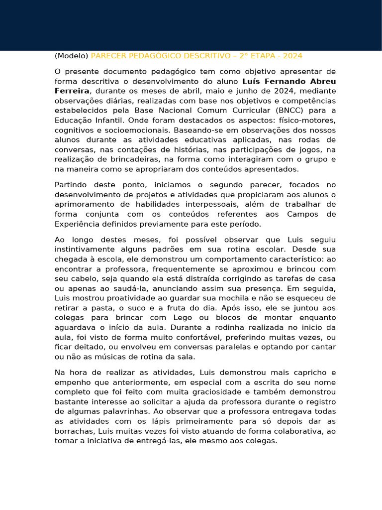 Modelo de Parecer Pedagógico - Inf 5 | PDF | Pedagogia | Comportamento