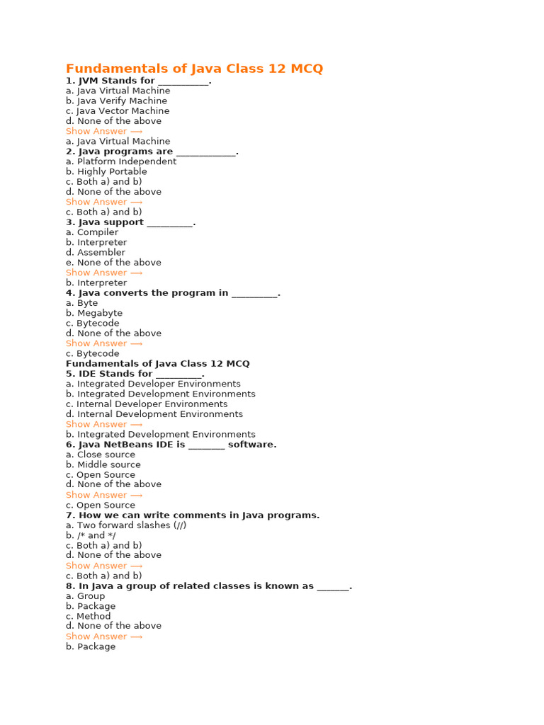 Fundamentals of Java Class 12 MCQ | PDF | Control Flow | Data Type