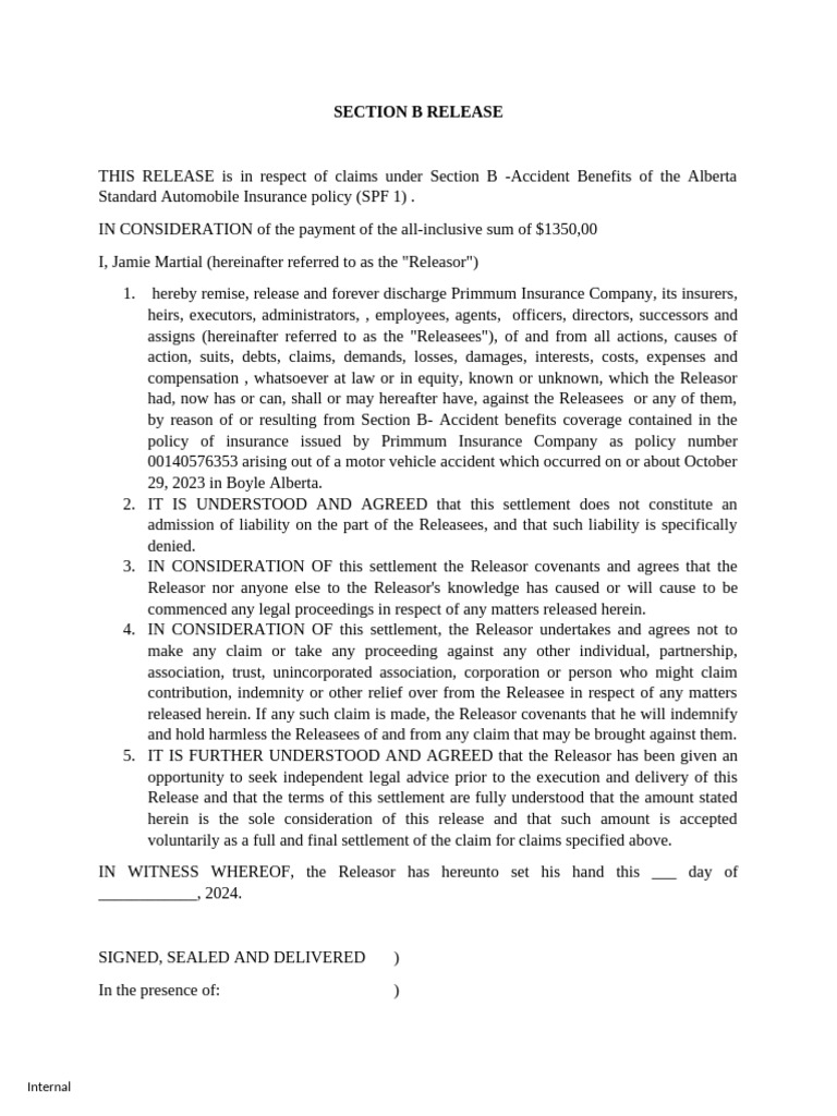 Section+b+Release | PDF | Indemnity | Insurance