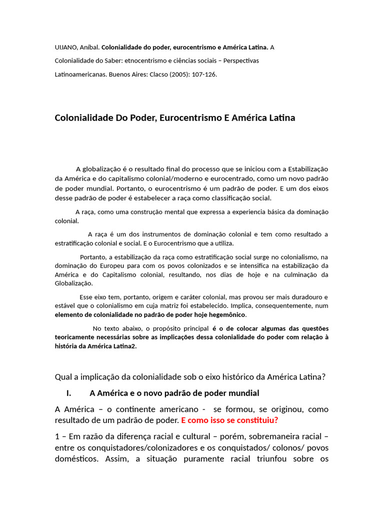 Colonialidade Do Poder, Eurocentrismo e América Latina | PDF | Raça ...