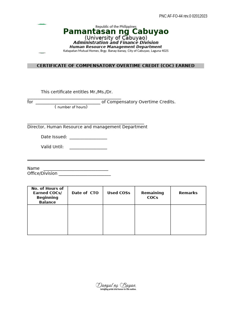 PNC AF-FO-44 Certificate of Compensatory Overtime Credit Earned ...