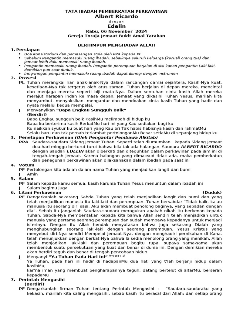 Tata Ibadah Pemberkatan Nikah Albert Dan Edelin 6 Nov | PDF
