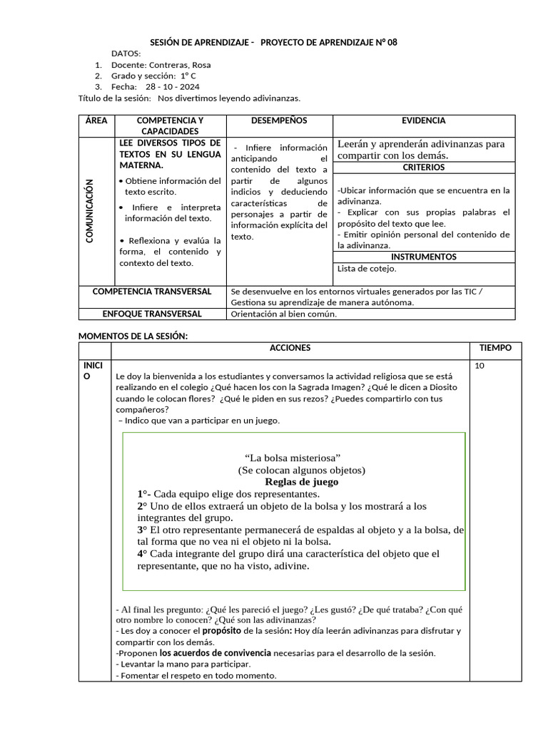 (28-10) Sesión Leemos Adivinanzas | PDF | Aprendizaje | Información