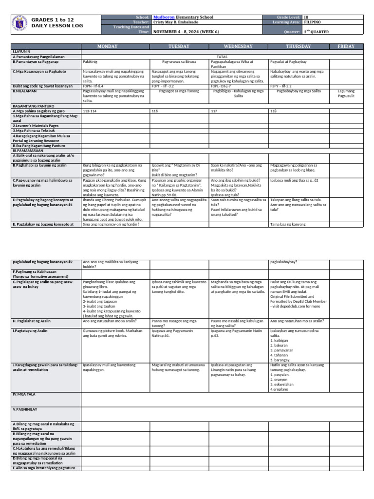 DLL - Filipino 3 - Q2 - W6 | PDF