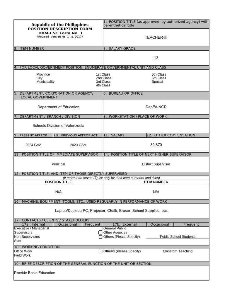 DBM-CSC Form No. 1 Position Description Form | PDF | Business