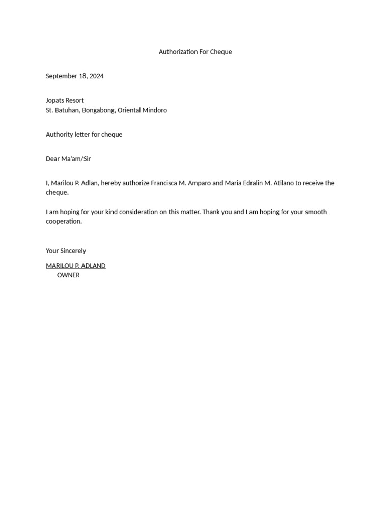 Authorization For Cheque | PDF