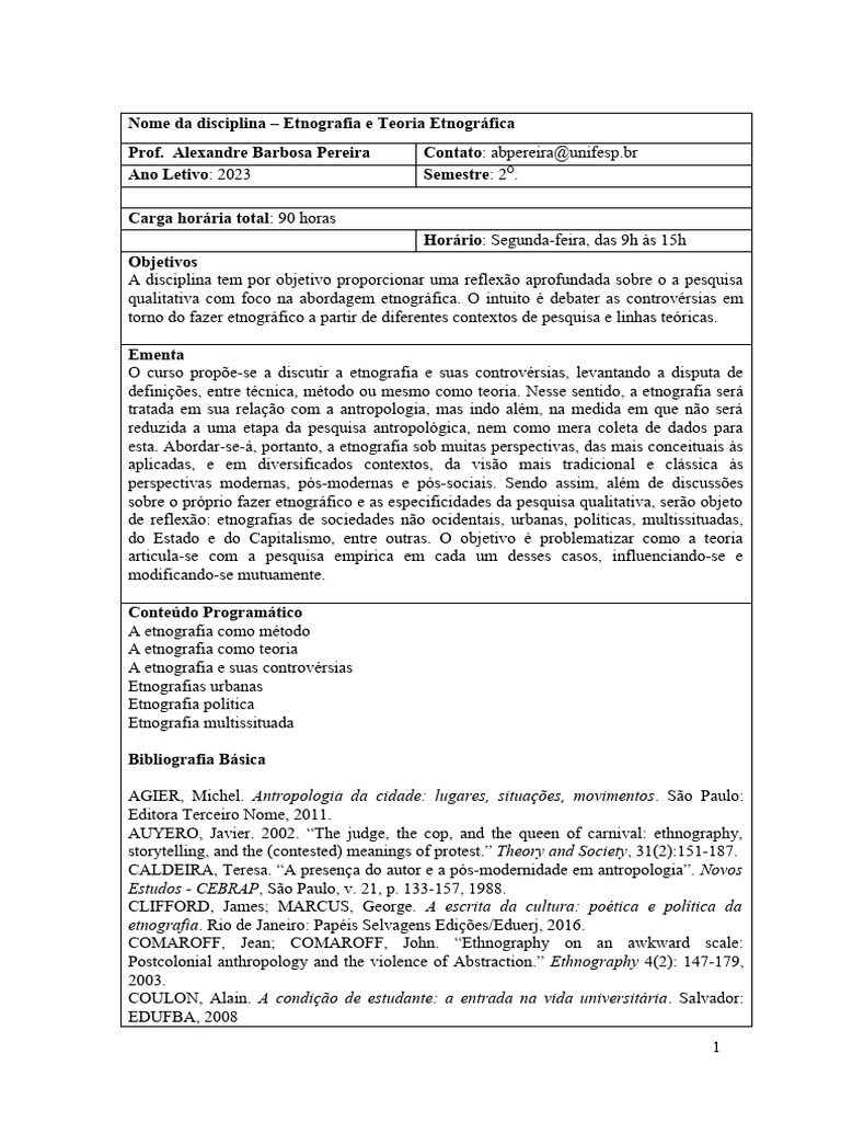 Ementa Etnografia e Teoria Etnografica 2023-1 | PDF | Etnografia | Antropologia