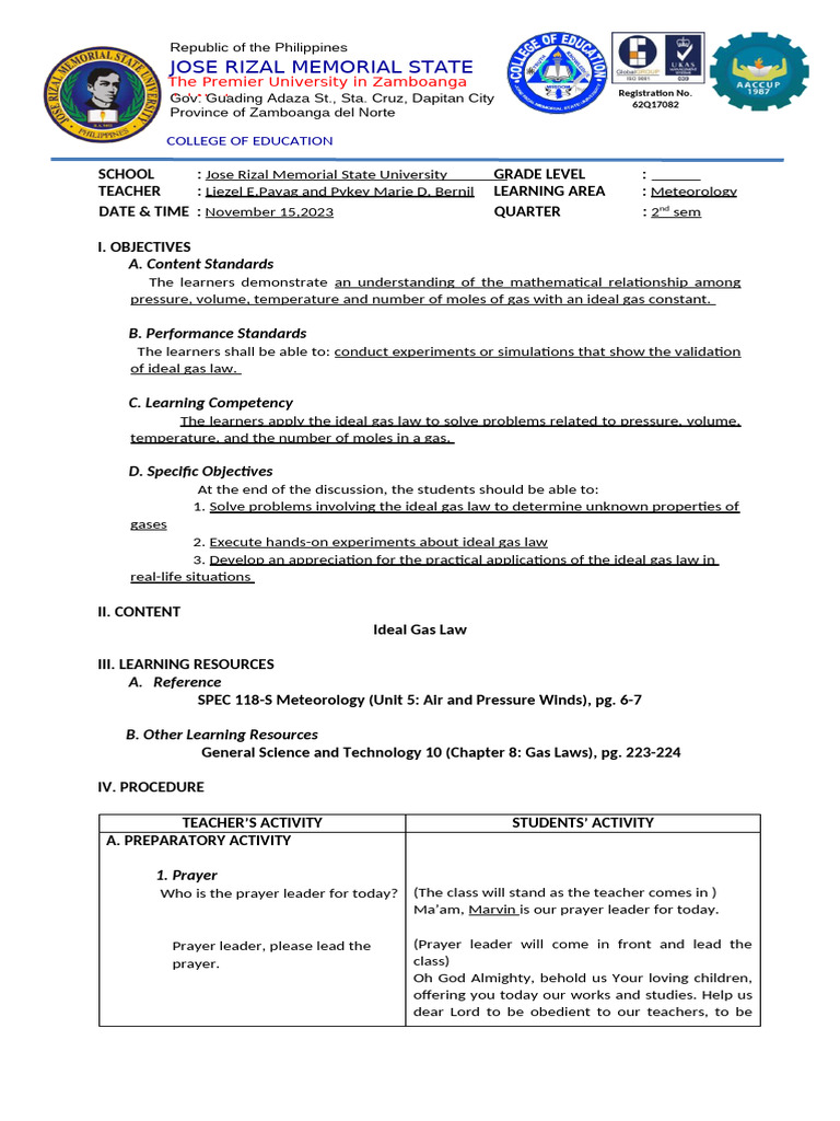 Ideal Gas Law Lesson Plan1-1 | PDF | Gases | Continuum Mechanics