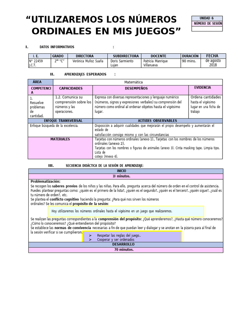 Sesion de Aprendizaje Numeros Ordinales | PDF | Cognición | Aprendizaje