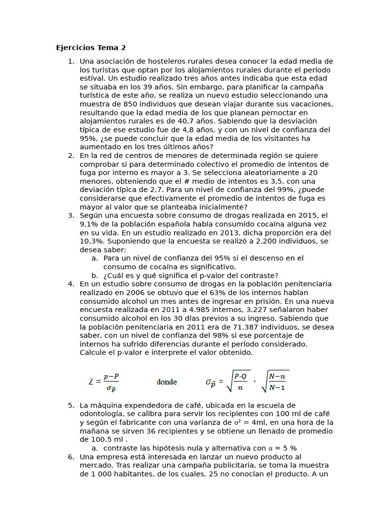 Ejercicios Tema 2 | PDF | Intervalo de confianza | Valor P