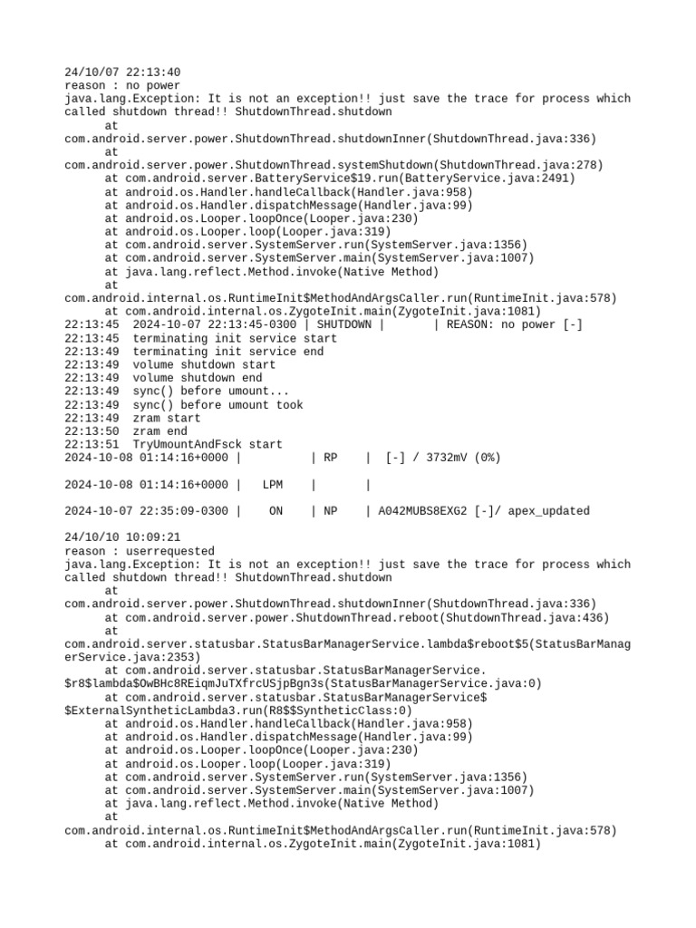 Android System Shutdown Logs | PDF | Java (Programming Language) | Models Of Computation