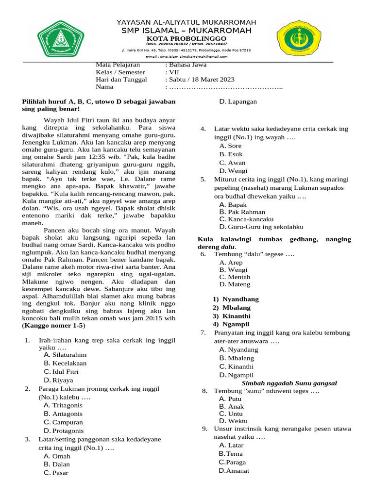 Soal Bhs. Jawa Kelas 7 | PDF
