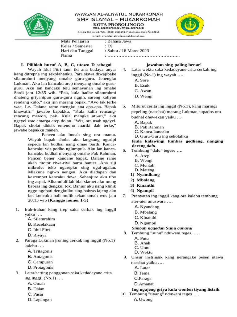 Soal Pas Bhs. Jawa Kelas 9 | PDF