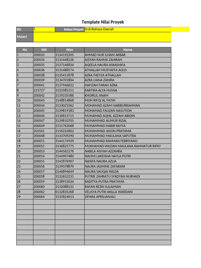Template Nilai Proyek Bahasa Daerah | PDF