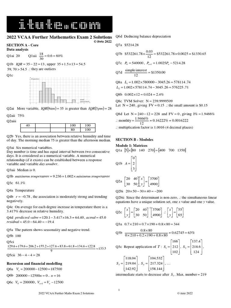 2022 VCAA Further Maths Exam 2 Solutions | PDF | Mathematics | Applied ...