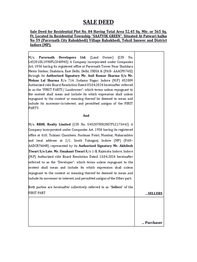 Sale Deed - Saatvik Green - Plot No 84 | PDF | Taxes | Grammatical Gender