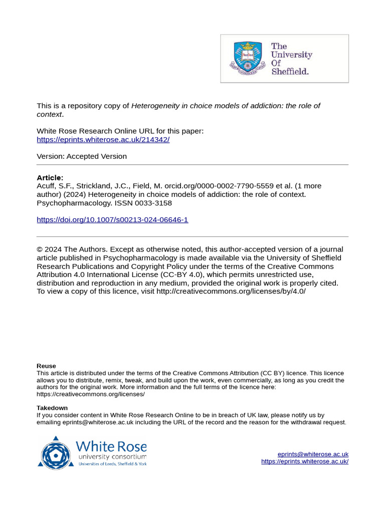 Heterogeneity in Choice Models of Addiction The Role of Context Acuff ...