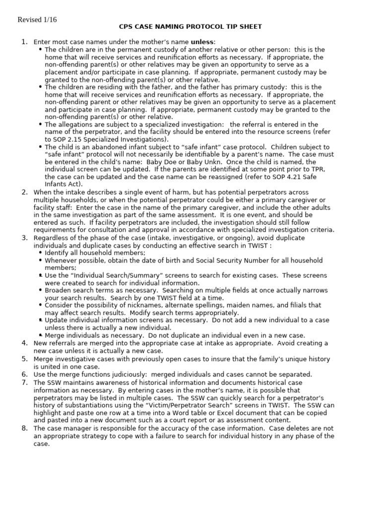 CPS Case Naming Protocol Tip Sheet | PDF | Child Protective Services ...