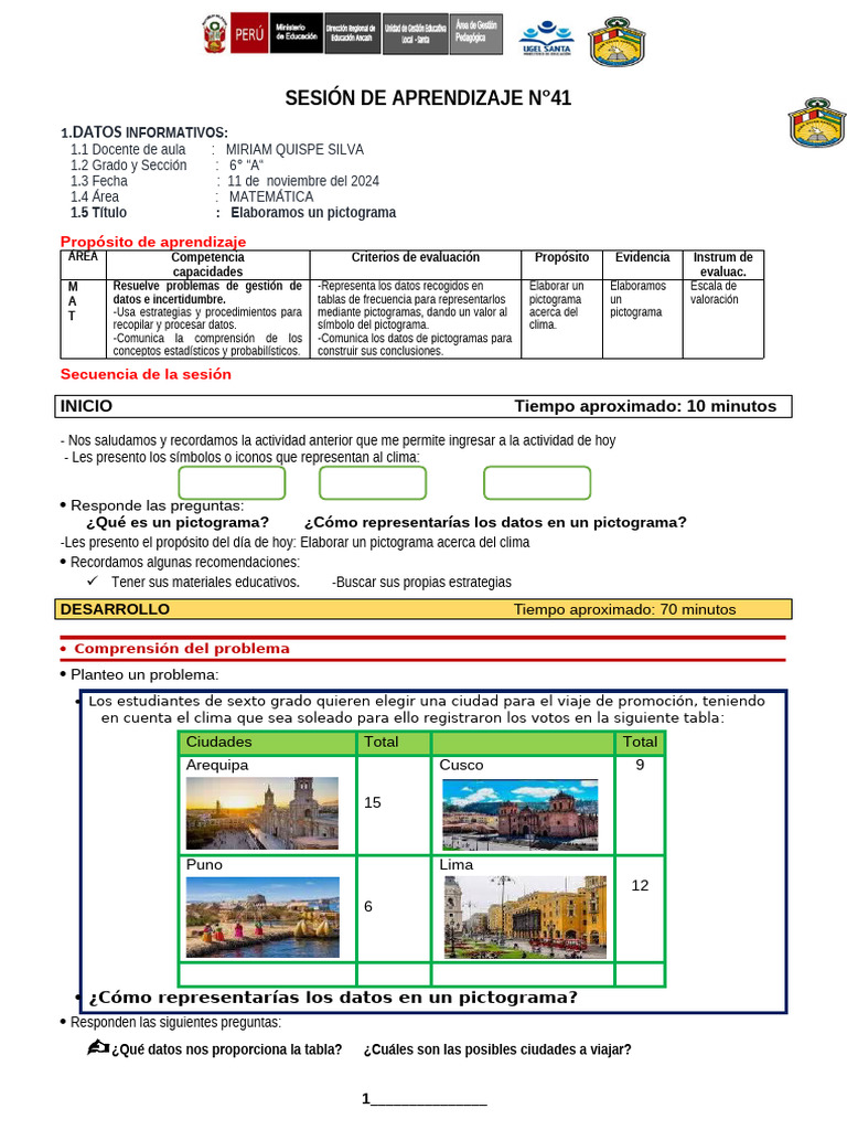 6° Sesión MATEM Elaboramos Un Pictograma | PDF | Evaluación | Estadísticas