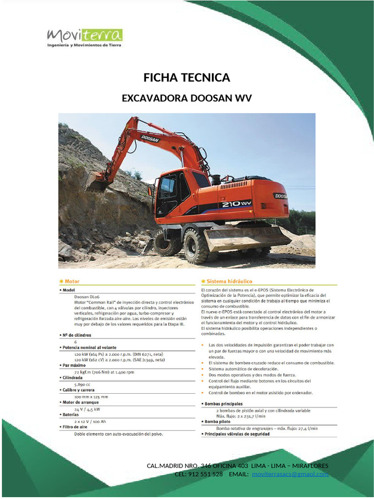 Ficha Técnica Excavadora Doosan WV | PDF