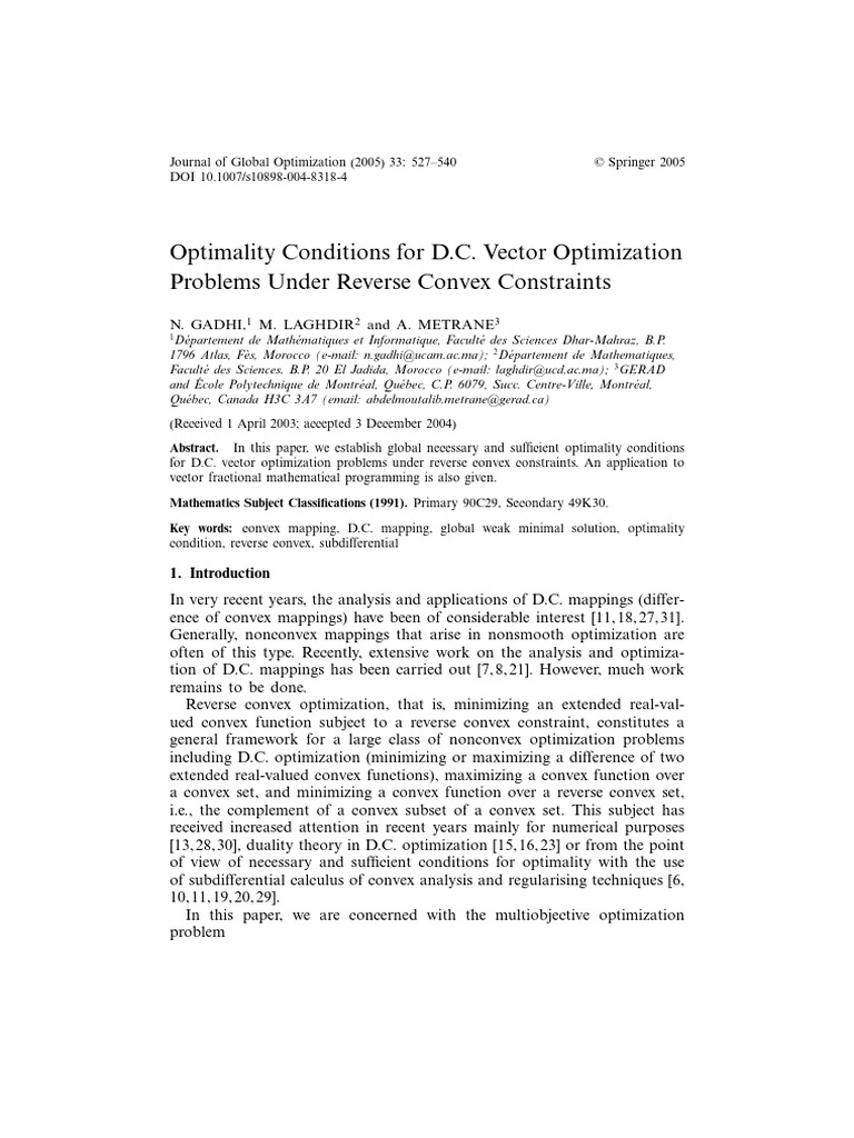 Gadhi 2005 Optimality Conditions For D C Vector Optimization Prob Under Reverse Convex
