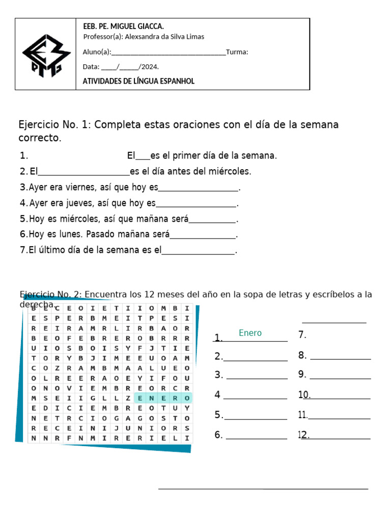 Actividades de Lengua Español: Días y Meses | PDF