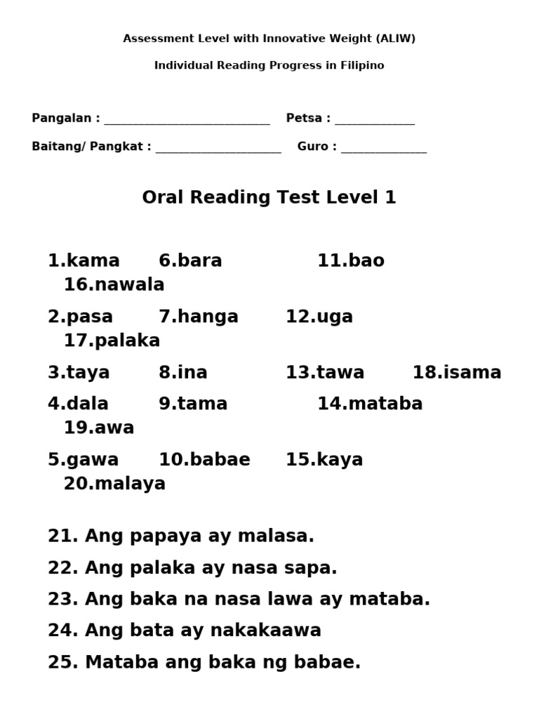 ALIW Individual Reading Progress | PDF