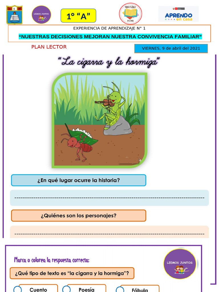 Plan Lector. La Cigarra y La Hormiga | PDF | Bienestar