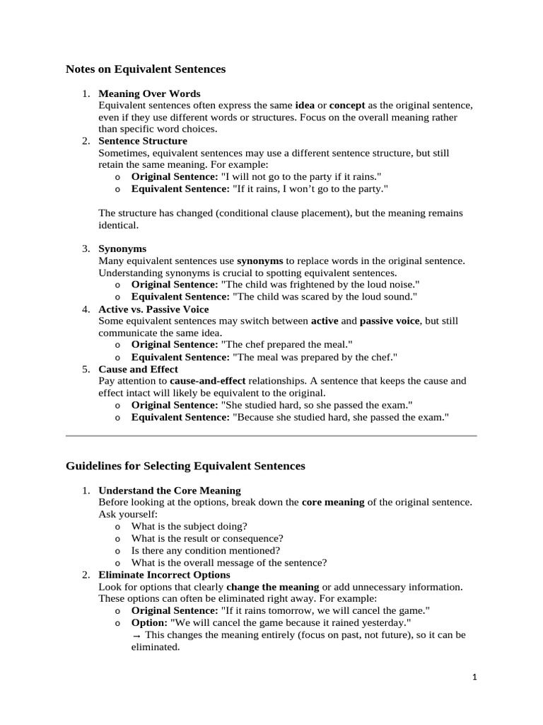 Equivalent Sentences Notes | PDF | Sentence (Linguistics) | Language ...