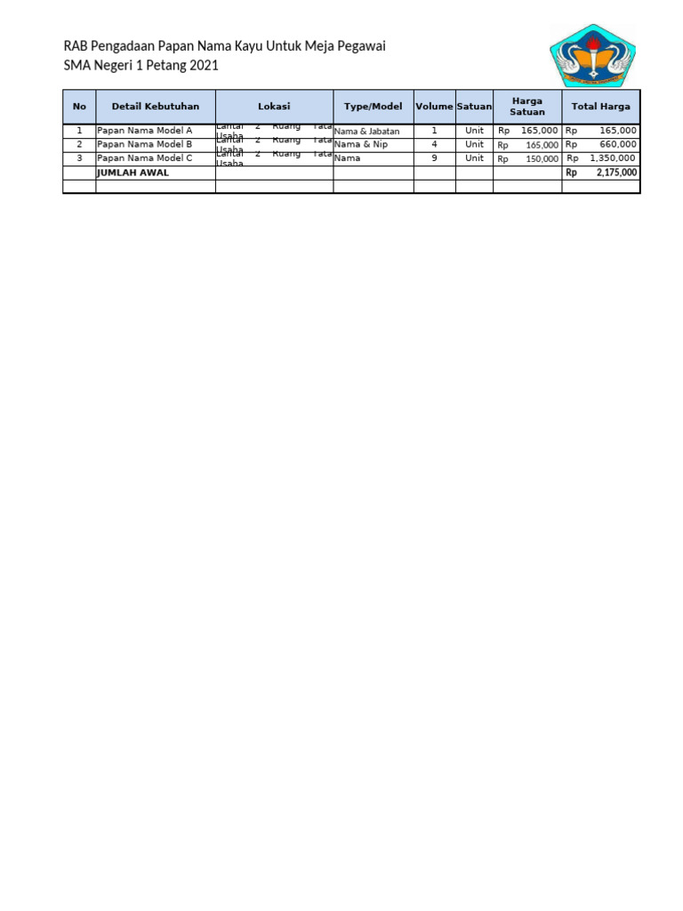 RAB Papan Nama Kayu Meja Pegawai 2021 | PDF