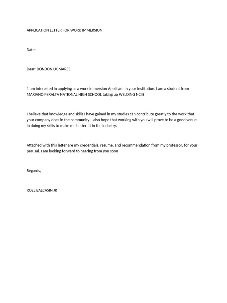 Application Letter For Work Immersion | PDF