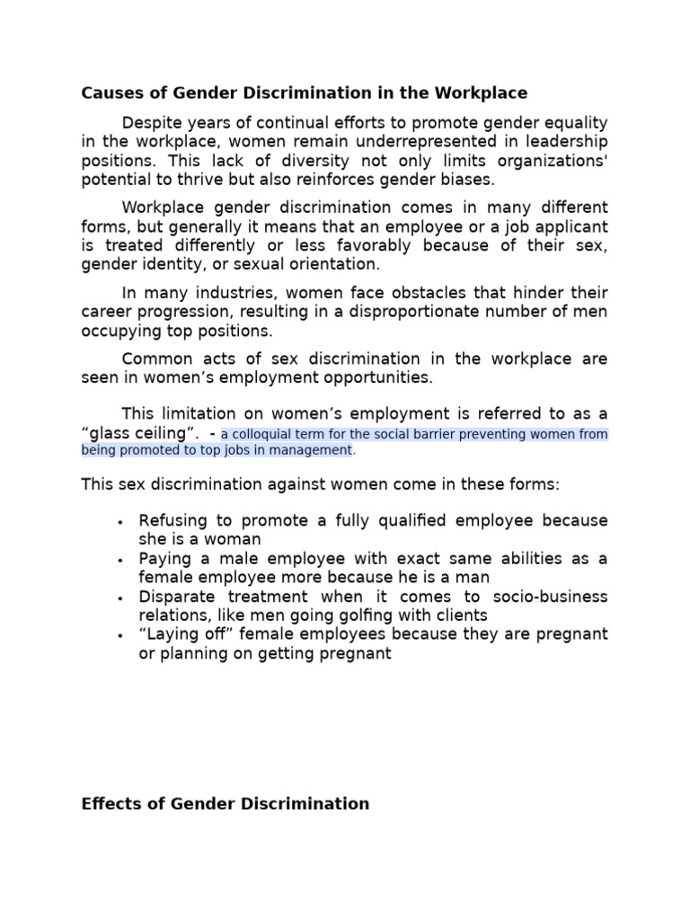 Causes of Gender Discrimination in The Workplace Gee English | PDF ...
