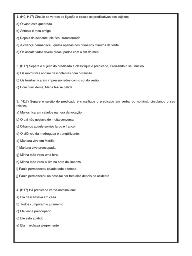 Exercícios Predicados e Vozes - Bloco | PDF | Predicado (gramática) | Amor