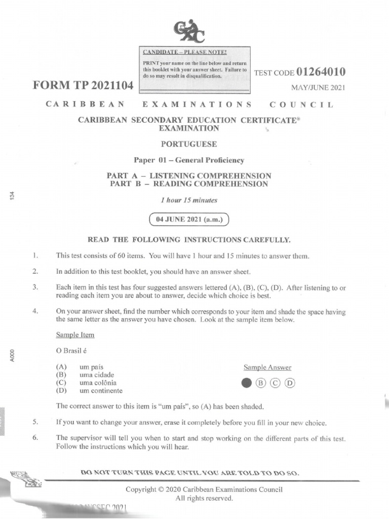 CSEC Portuguese P1 (2021) | PDF
