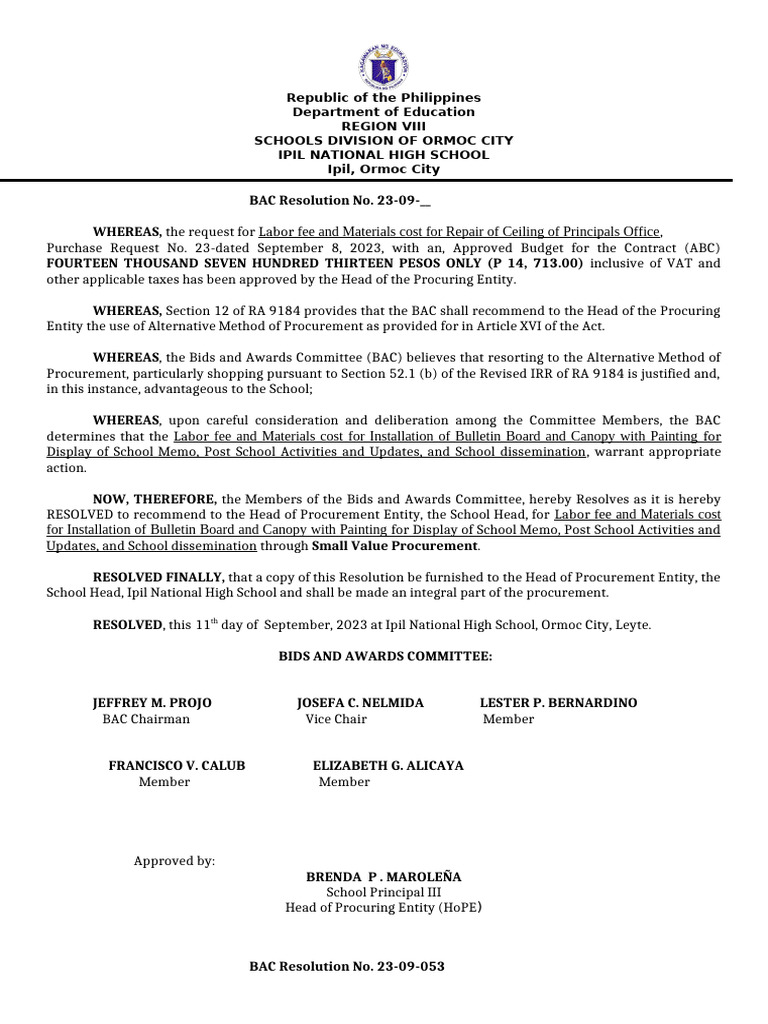 BAC Resolutions for Ipil National High School | PDF | Procurement ...