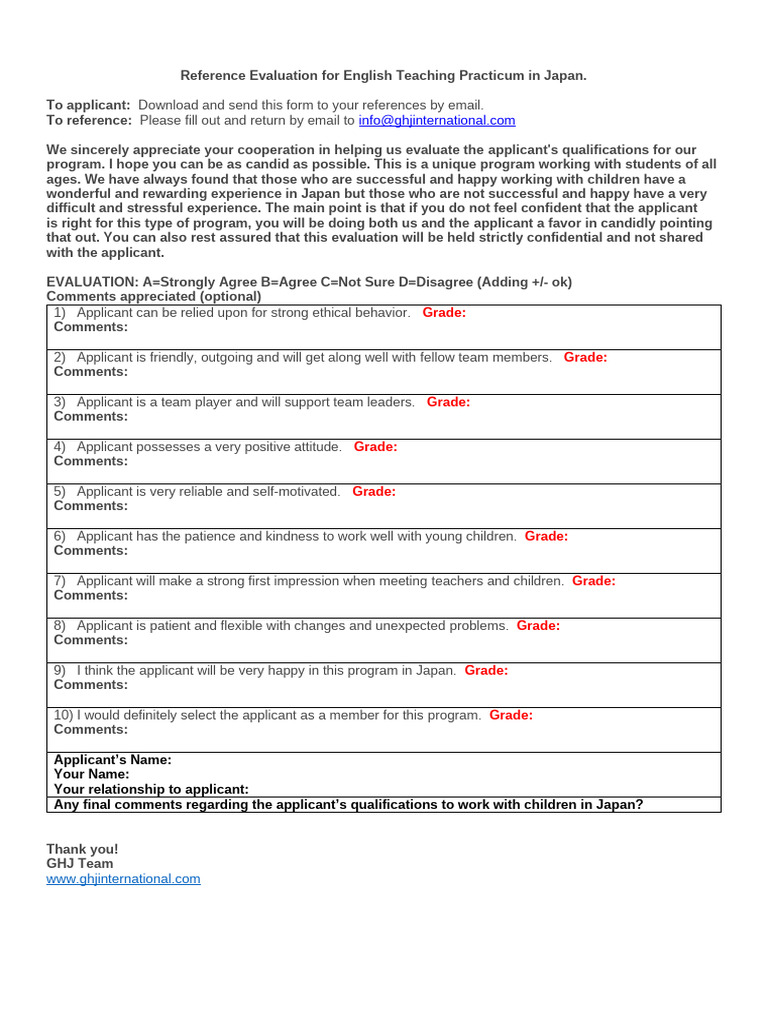 Reference Evaluation - Japan Teaching Practicum | PDF | Business