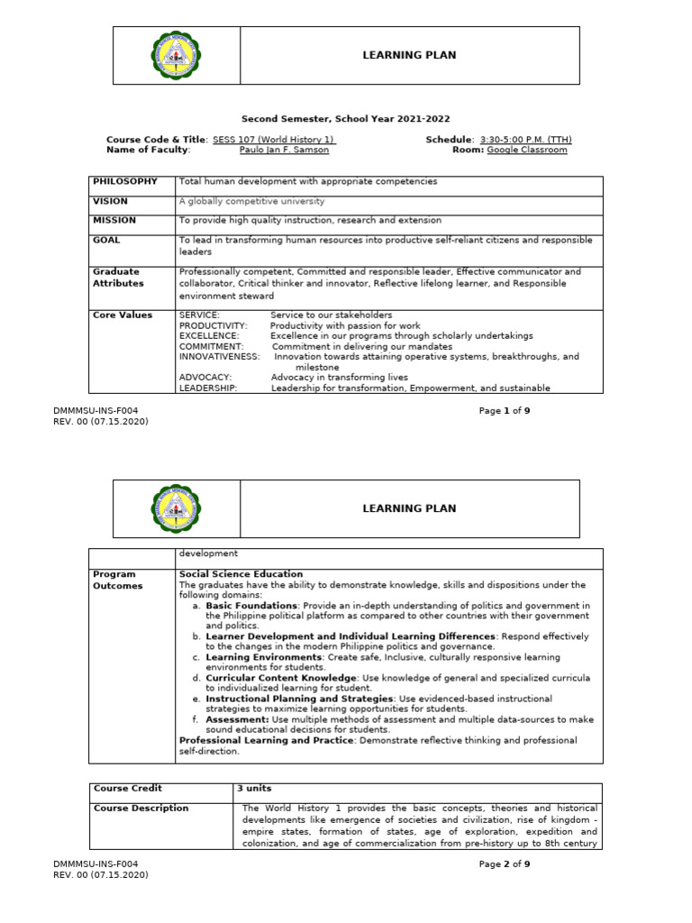 SESS 107 World History 1 Learning Plan 2022 | PDF | Curriculum | Learning