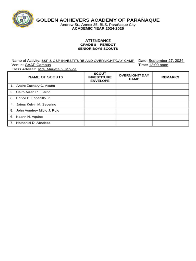 Grade 8-9 Scouts Camp Attendance | PDF