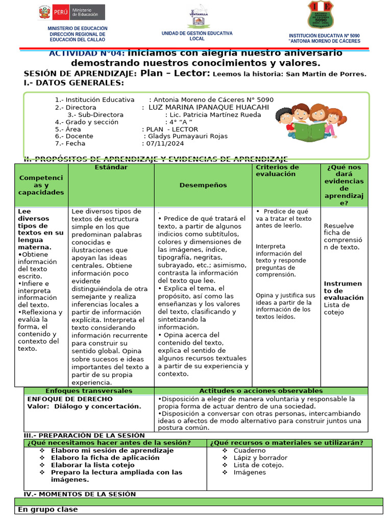 Sesion Plan Lector San Martin de Porres 07-11-2024 | PDF | Aprendizaje ...